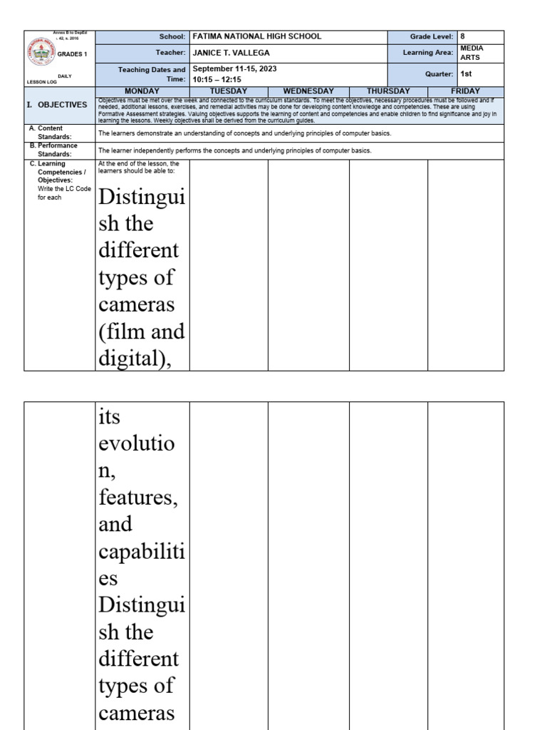 Grade 8 Media Arts Lesson Plan | PDF | Learning | Random Access Memory