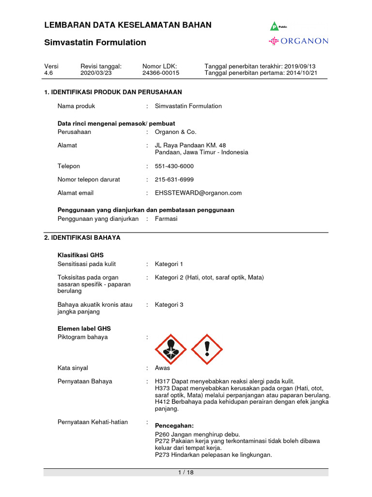 Product - Safety-Data-Sheets - Simvastatin Formulation - HH - ID - ID | PDF