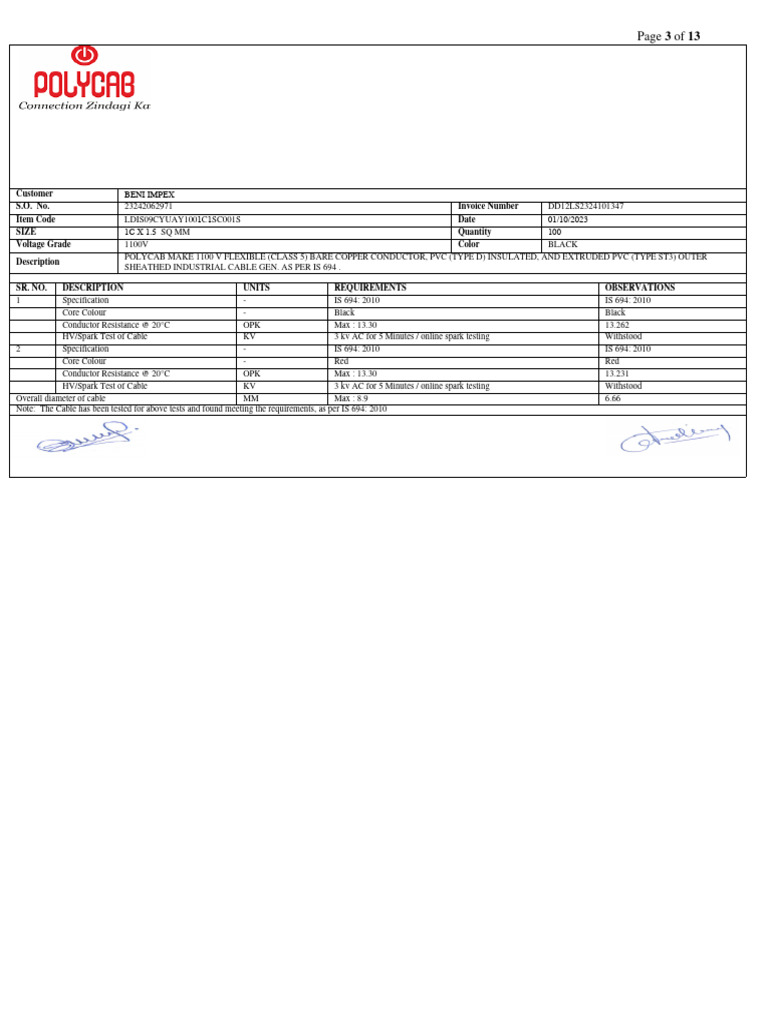 1100V Flexible Copper Cable Invoice | PDF