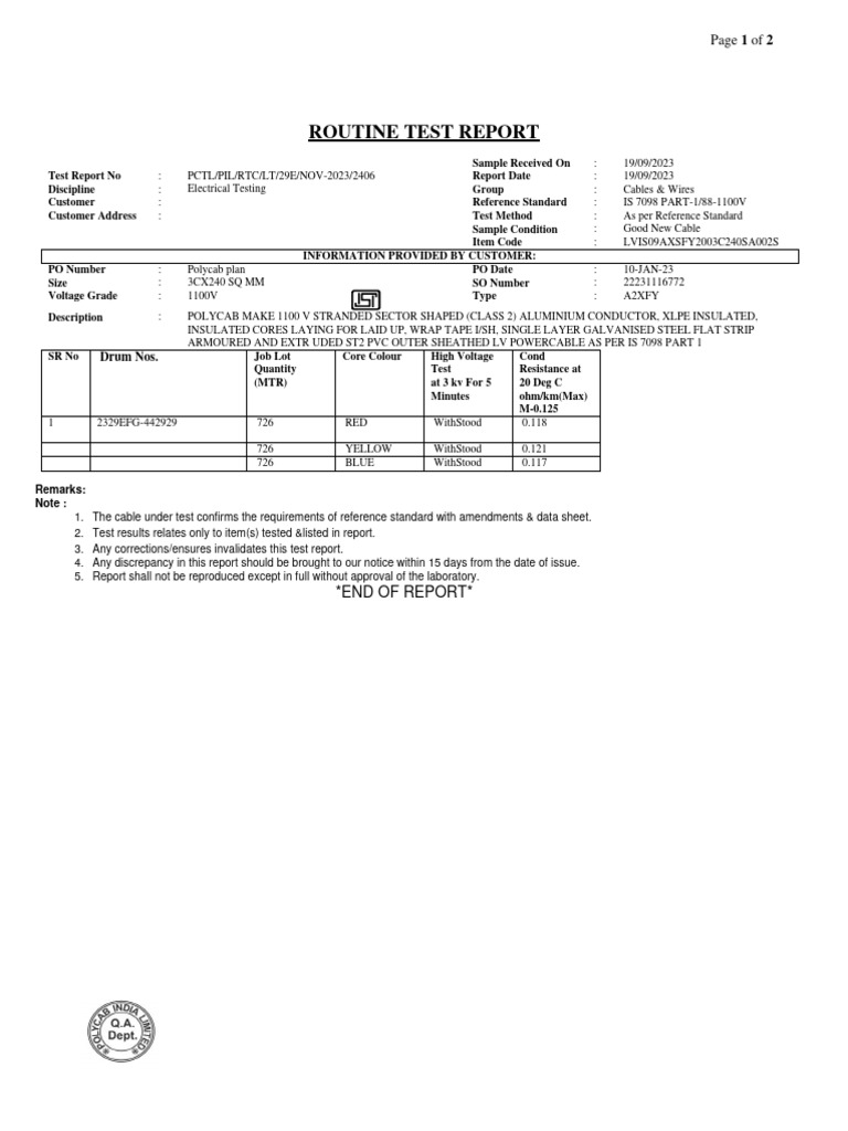 Test Report - Cable 111 | PDF | Wire | Electrical Resistance And ...