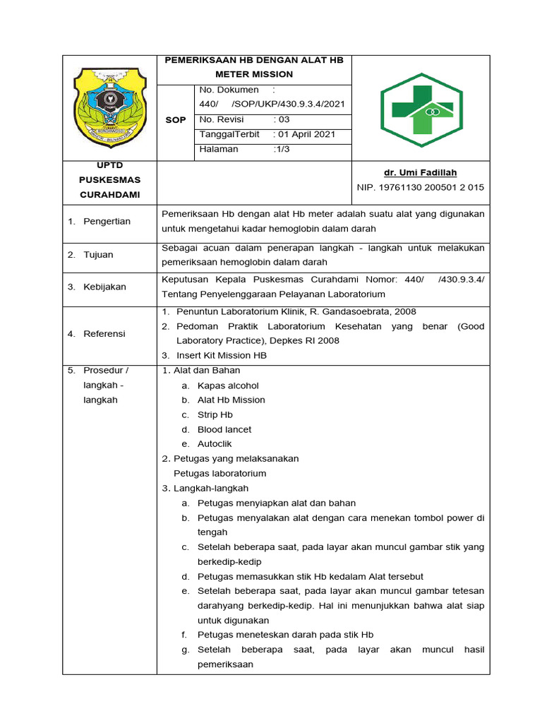 SOP Pemeriksaan Hb dengan Hb Meter | PDF | Sains & Matematika
