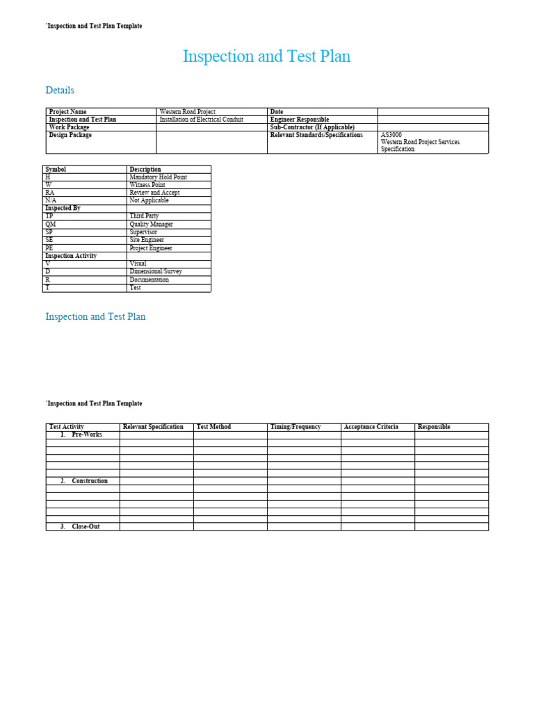 Inspection and Test Plan - Template | PDF