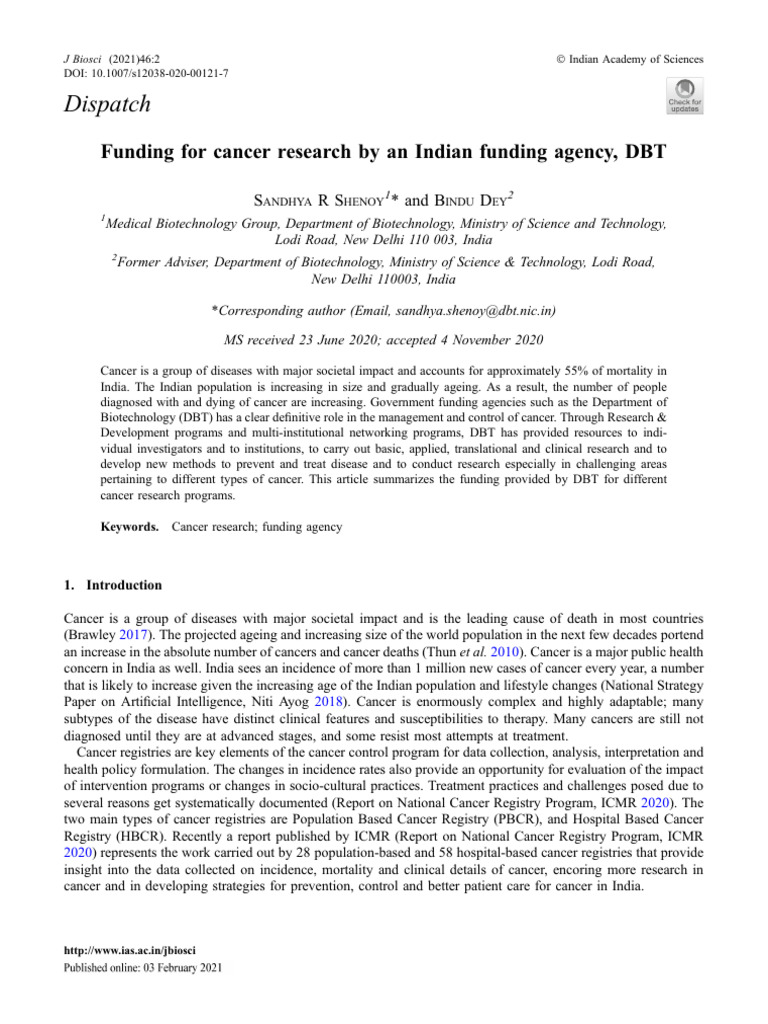 Funding For Cancer Research by An Indian Funding Agency, DBT - JUNE2020 ...