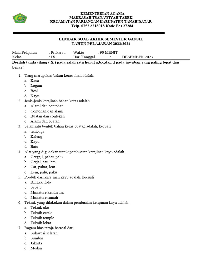 Soal Prakarya Ganjil 2023 | PDF | Griya & Taman
