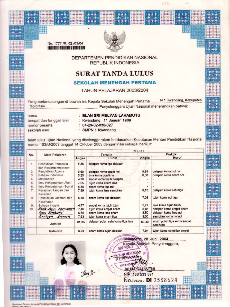 Surat Tanda Lulus SMP Elan | PDF