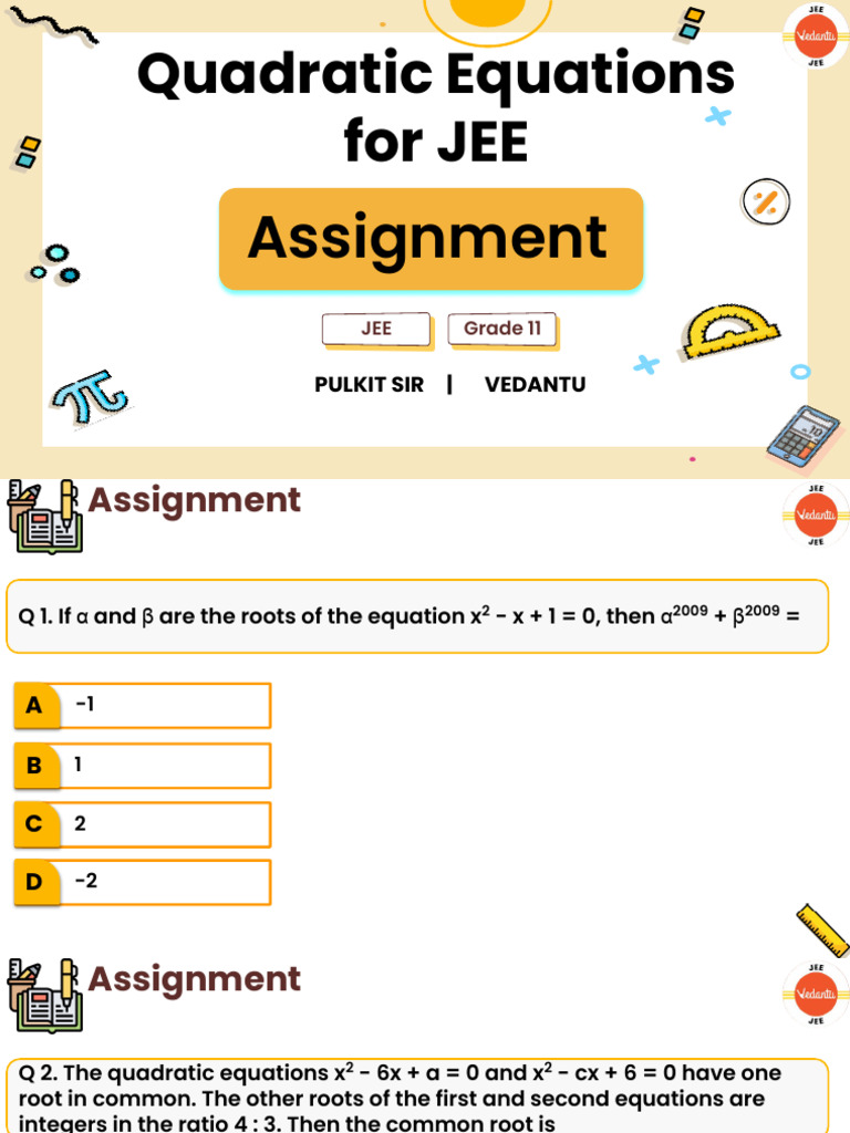 Quadratic Equations - Assignment For JEE | PDF | Equations | Arithmetic