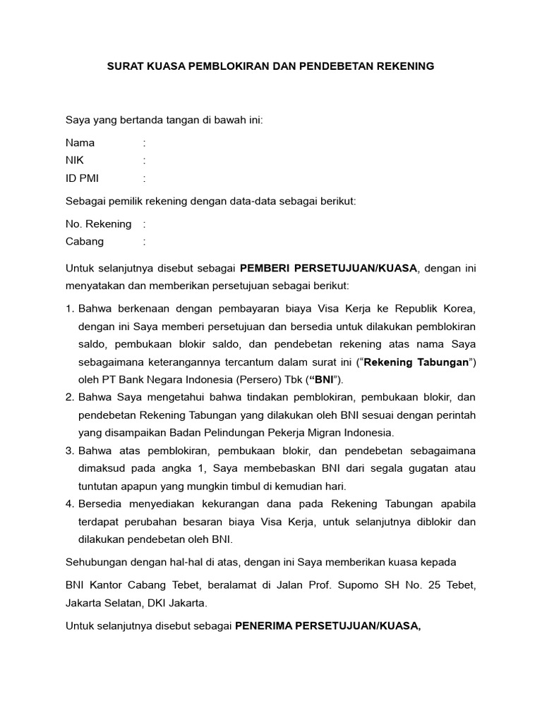 Data 22-11-2023 Surat Kuasa Pemblokiran Dan Pendebetan Rekening | PDF