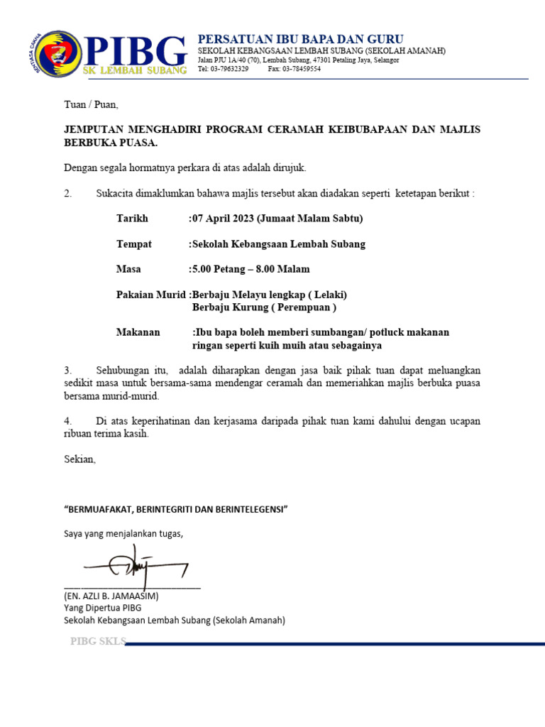 Surat Makluman Program | PDF