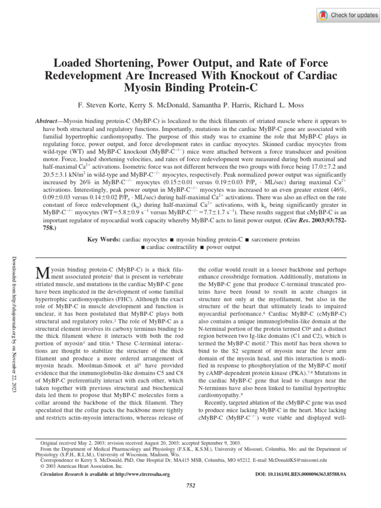 Korte Et Al 2003 Loaded Shortening Power Output and Rate of Force ...