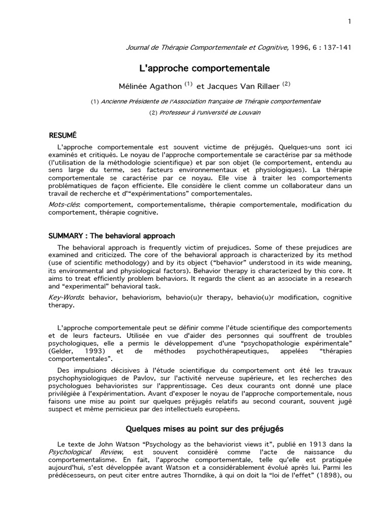 L'approche comportementale en thérapie | PDF | Psychothérapie ...