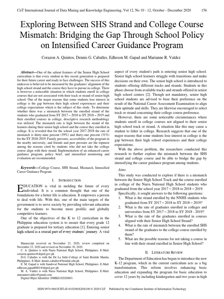 Exploring Between SHS Strand and College Course Mismatch Bridging The ...