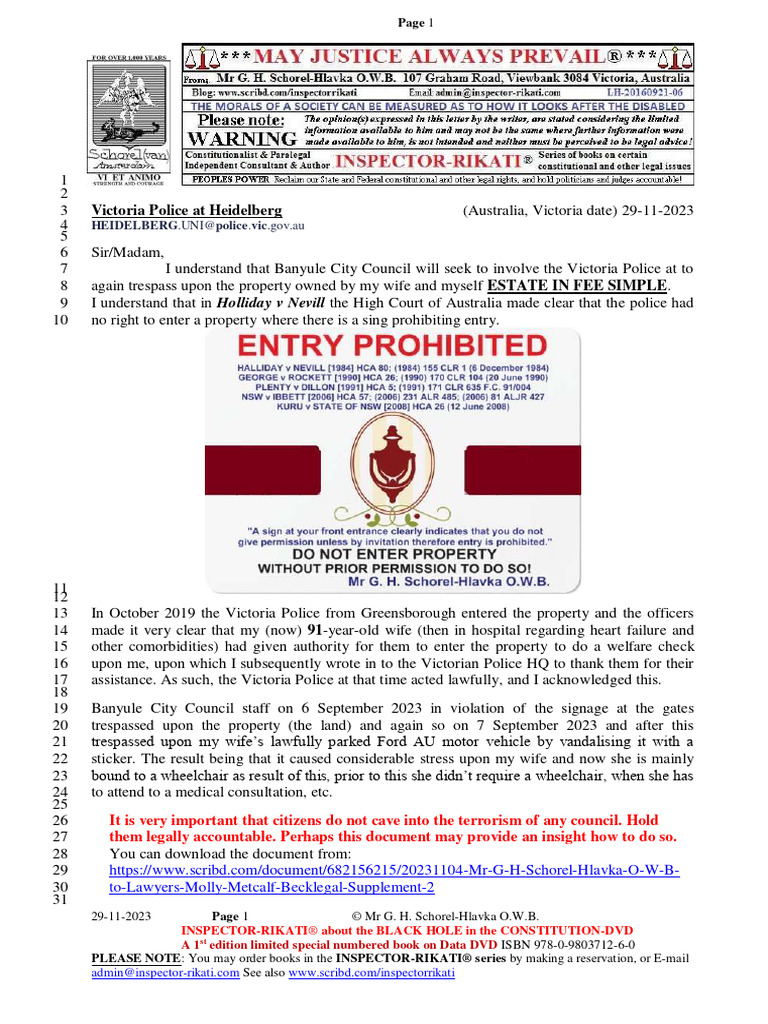 20231129-Mr G. H. Schorel-Hlavka O.W.B. To Victoria Police at ...