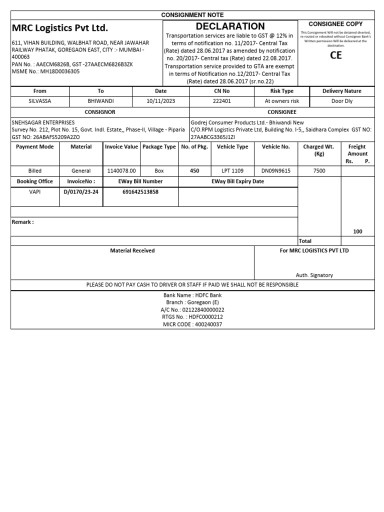 MRC Logistics PVT LTD.: Declaration | PDF | Taxes | Taxation