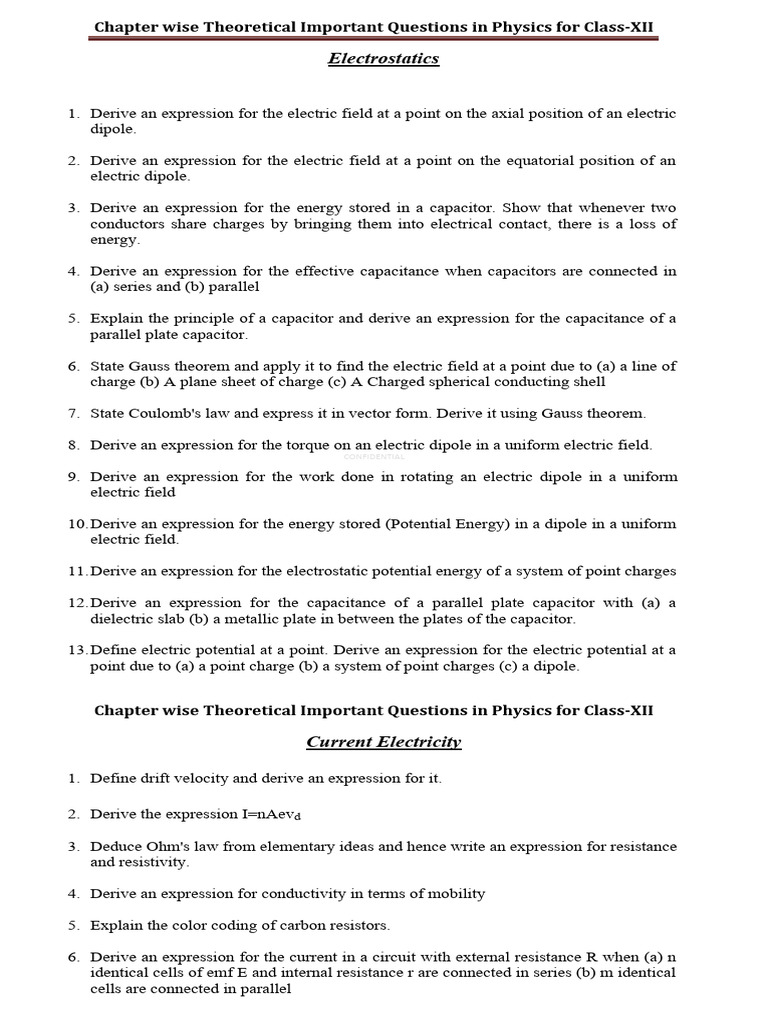 Chapter Wise Important Questions XII PHYSICS | PDF | Inductance | Electromagnetic Induction