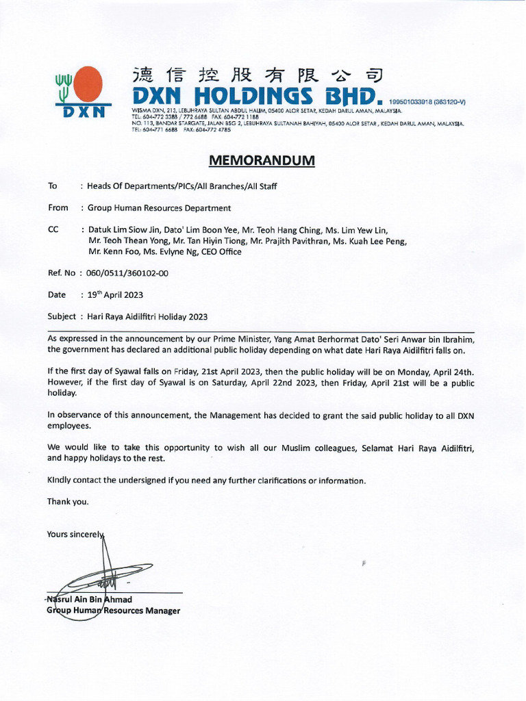 MEMO - Hari Raya Aidilfitri Holiday 2023 (Signed) | PDF
