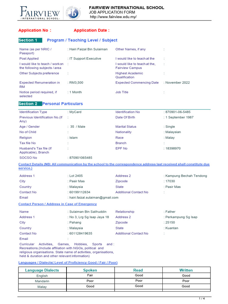FIS Application Form | PDF