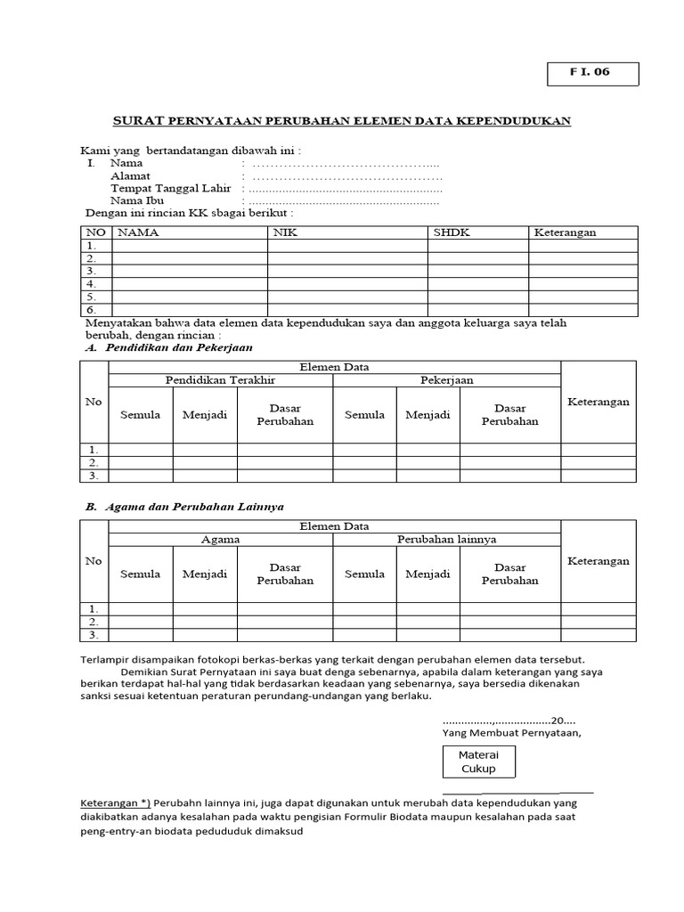 Surat Pernyataan Perubahan Elemen Data Kependudukan (F1. 06) | PDF