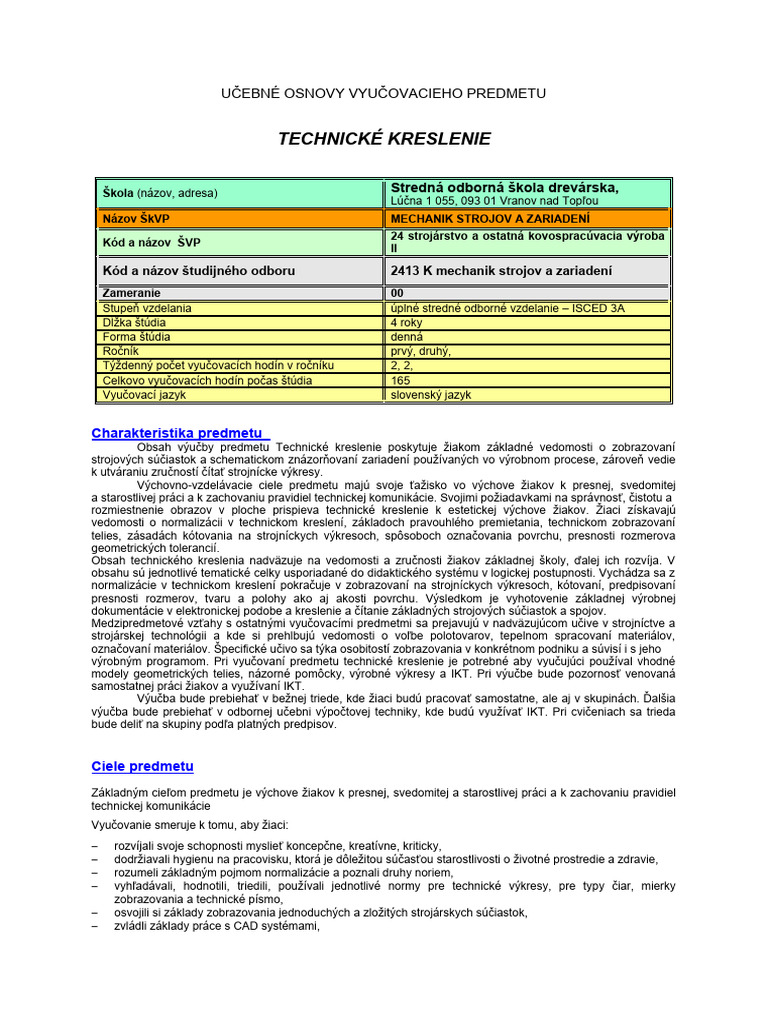 Technické Kreslenie: Učebné Osnovy Vyučovacieho Predmetu | PDF