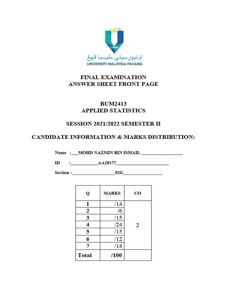 Answer Sheet Front Page | PDF