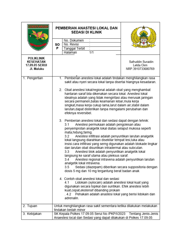 Sop Pemberian Anastesi Lokal Dan Sedasi Di Klinik | PDF