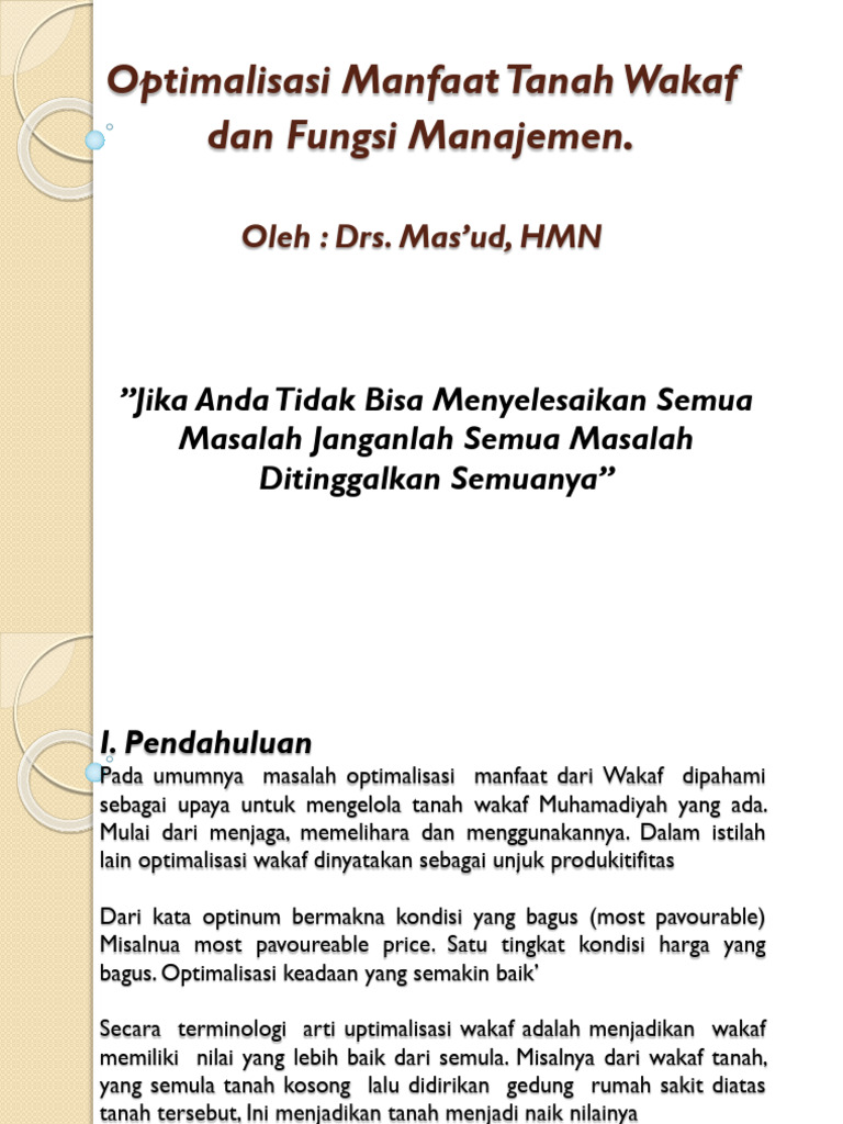 Optimalisasi Manfaat Tanah Wakaf Dan Fungsi Manajemen | PDF