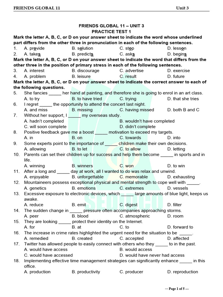 Tieng Anh 11 Friends Global - Unit 3 - Test 1 | PDF | Knee | Injury
