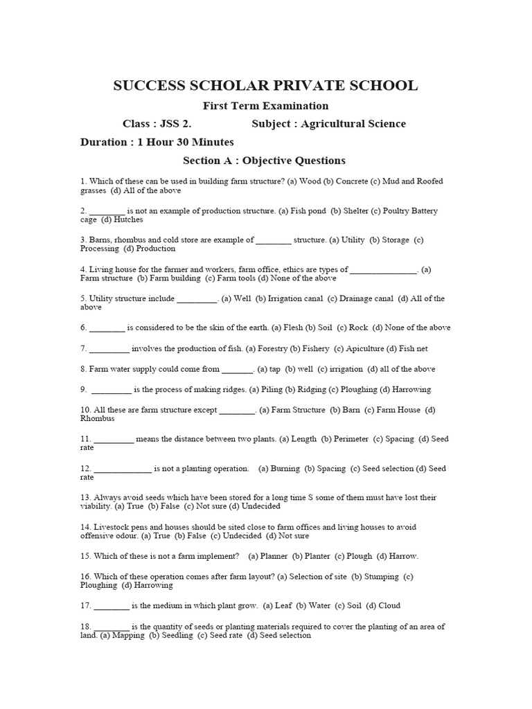 JSS2 First Term Agric Exam Questions | PDF | Agriculture | Seed