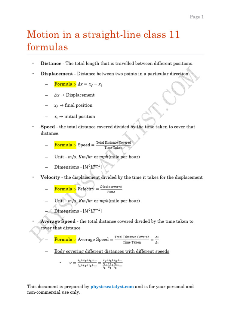 Class 11 Motion Formulas and Concepts | PDF | Speed | Velocity