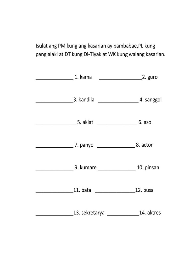 Pagsasanay Tungkol Sa Kasarian NG Pangngalan | PDF