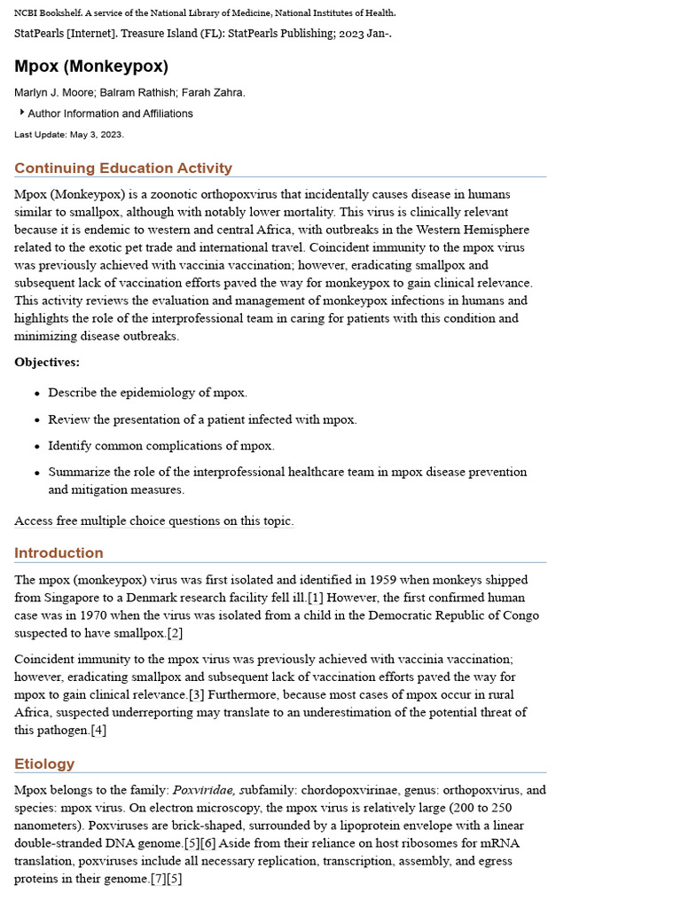 Mpox (Monkeypox) - StatPearls - NCBI Bookshelf | PDF | Smallpox | Virus