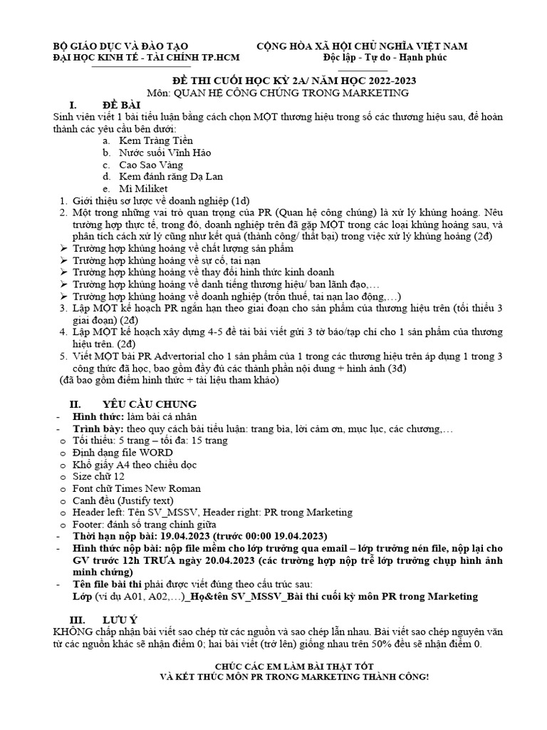 Đề Thi Tiểu Luận Cuối Kỳ Môn QHCC Trong Marketing - Lớp A05, A06, A07 | PDF