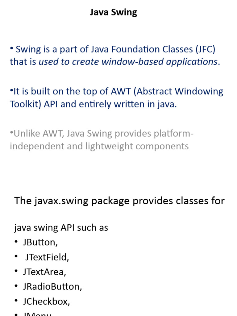 Java Swing | PDF | Software | Programming Paradigms Java Swing | PDF | Software | Programming Paradigms