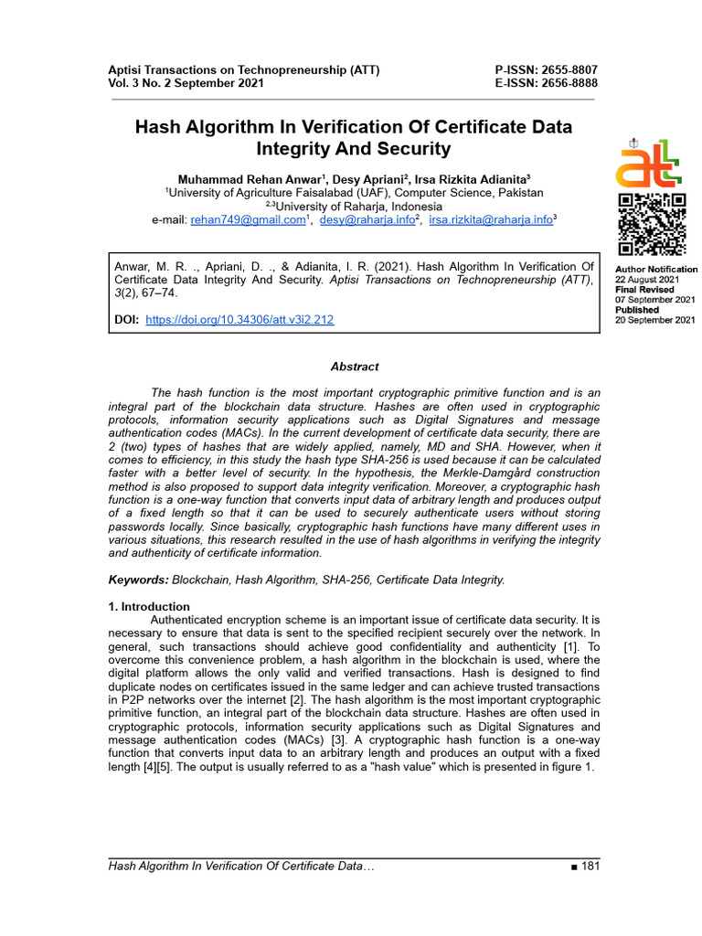 v3n2 Hash Algorithm in Verification of Certificate Data Integrity and Security | PDF ...