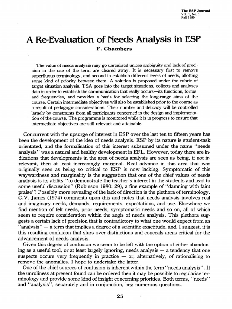 Needs Analysis in ESP: A Critical Review | PDF | Learning | Information