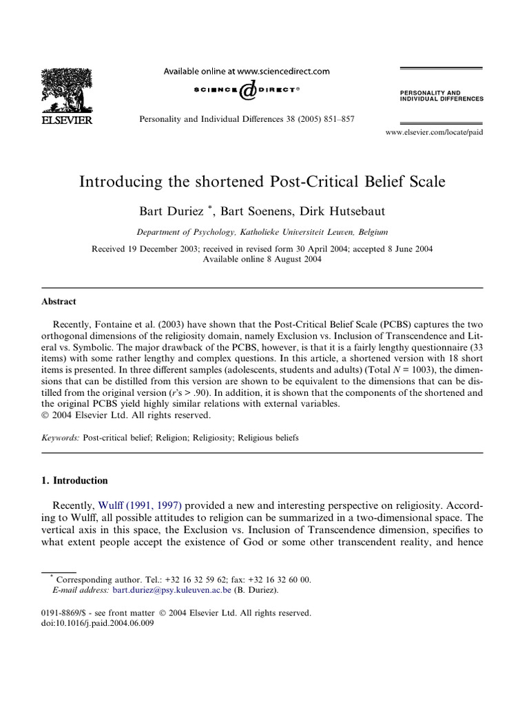 Introducing The Shortened Post-Critical Belief Scale | PDF | Validity ...