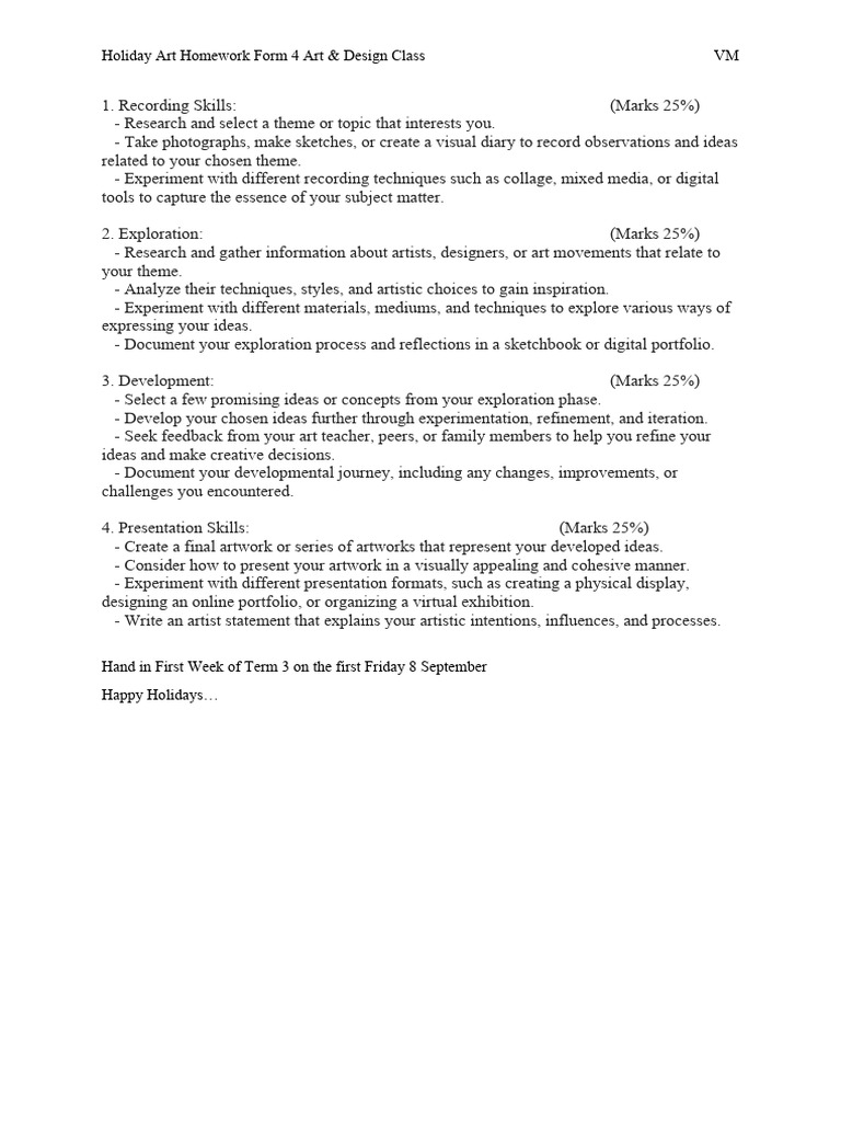 Art & Design Holiday Homework Form 4 Art Class VM | PDF