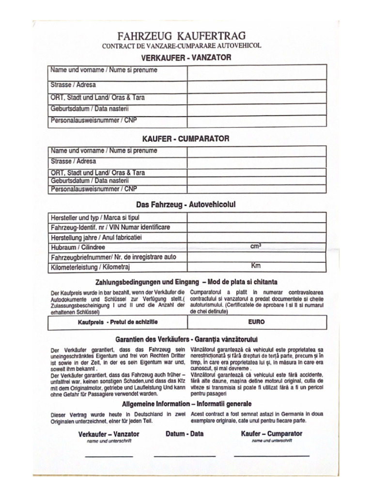 Contract Vanzare-Cumparare Auto Bilingv Roman-German | PDF