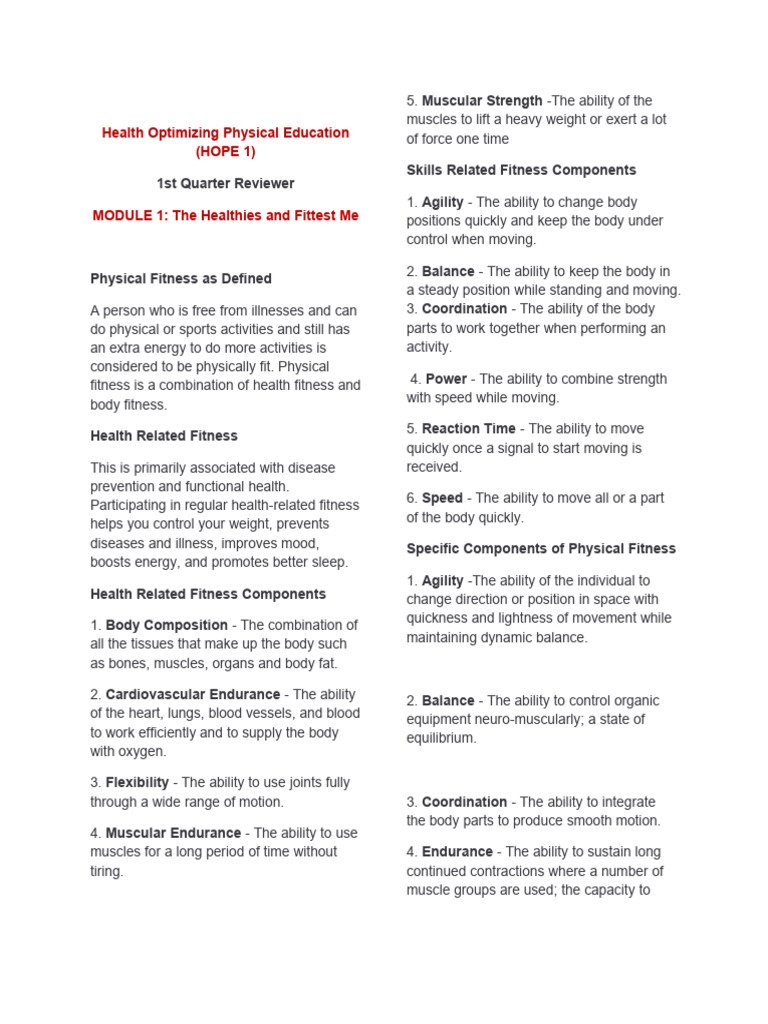 1st Q - Hope 1 Reviewer | PDF | Physical Fitness | Strength Training