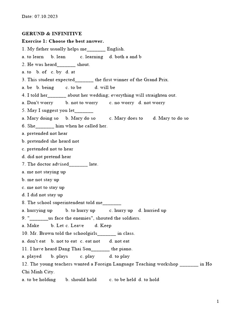 Gerunds & Infinitive - Exercise | PDF | Language Arts & Discipline | Art