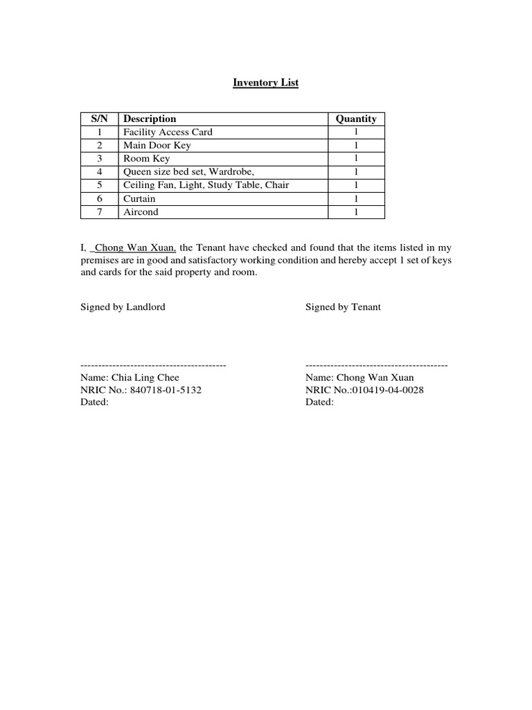 Tenant Inventory Confirmation | PDF