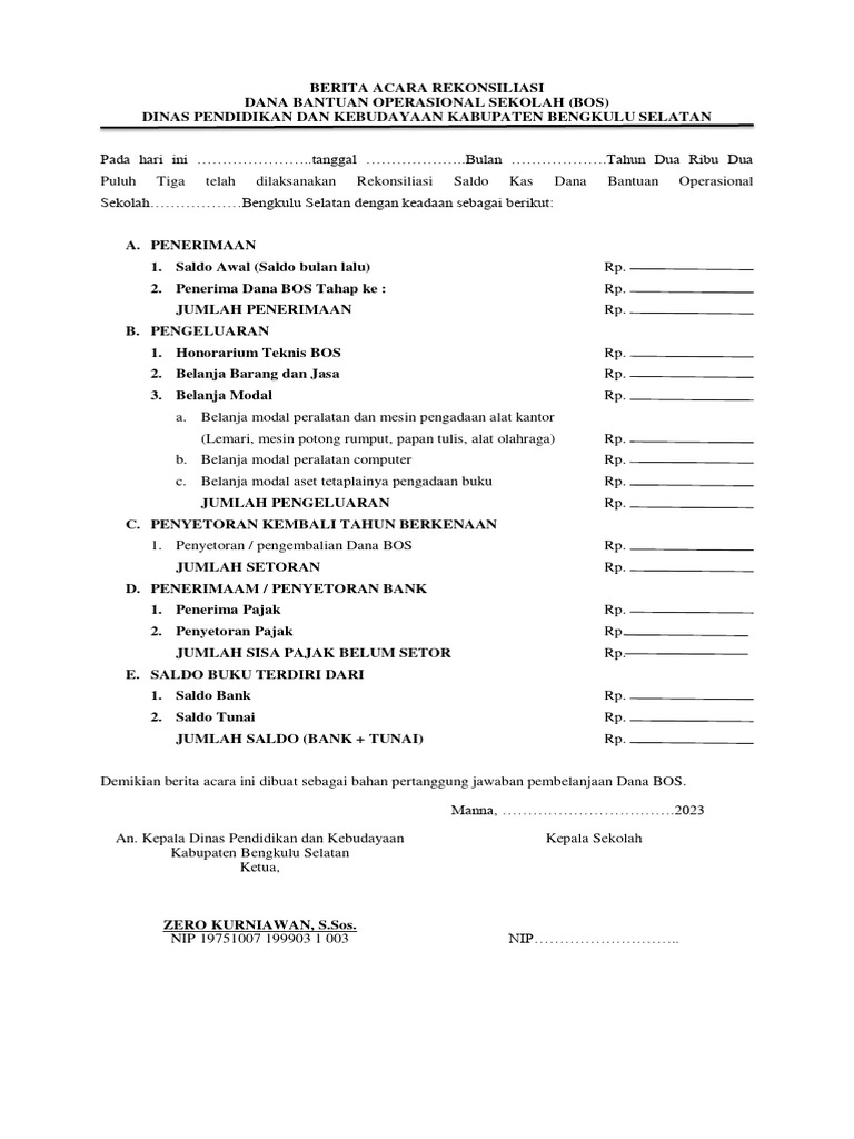 Berita Acara Rekonsiliasi Dana Bos | PDF