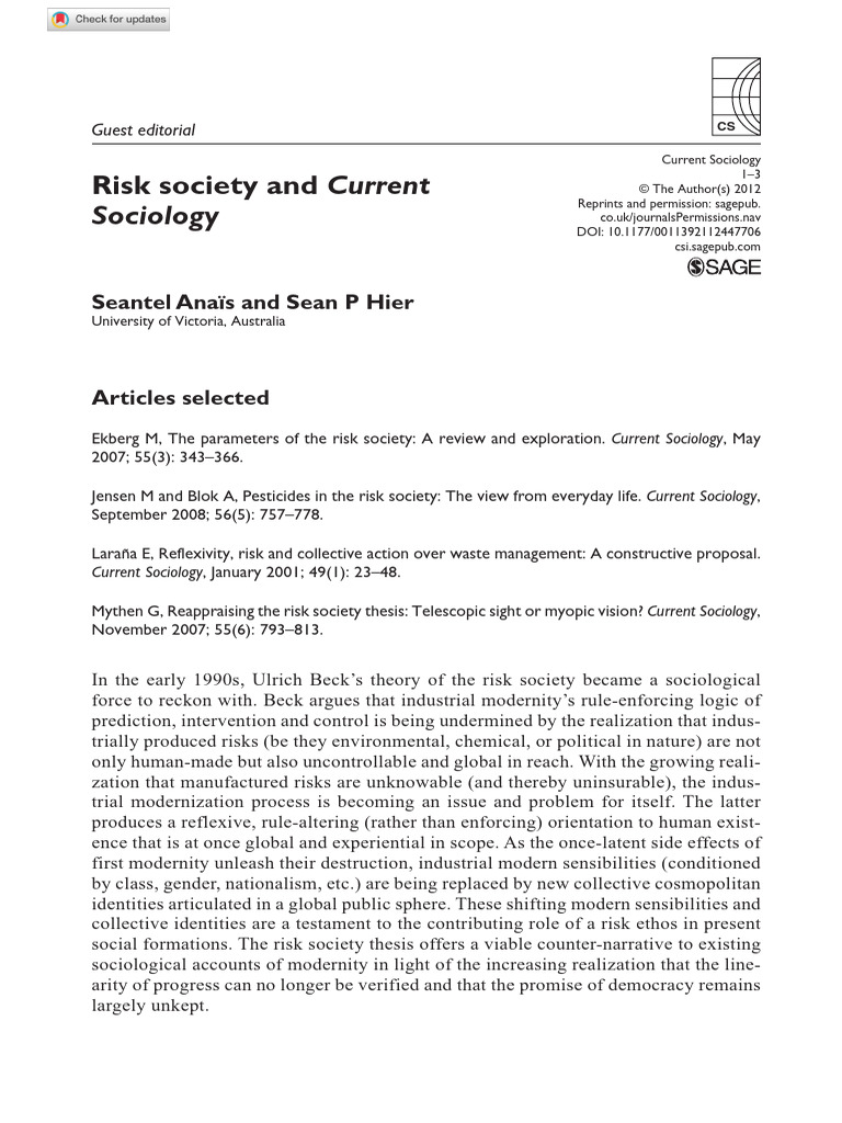 Anais Hier 2012 Risk Society and Current Sociology | PDF | Risk | Sociology