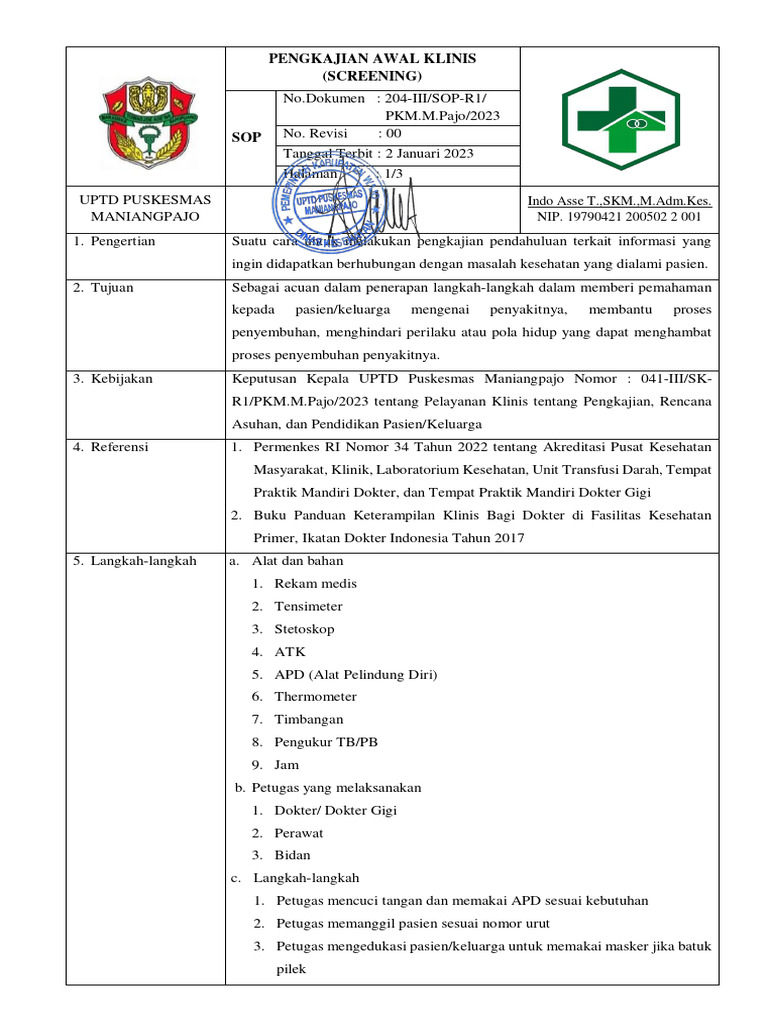 Sop Pengkajian Awal Klinis | PDF | Kesehatan Holistik | Sains & Matematika