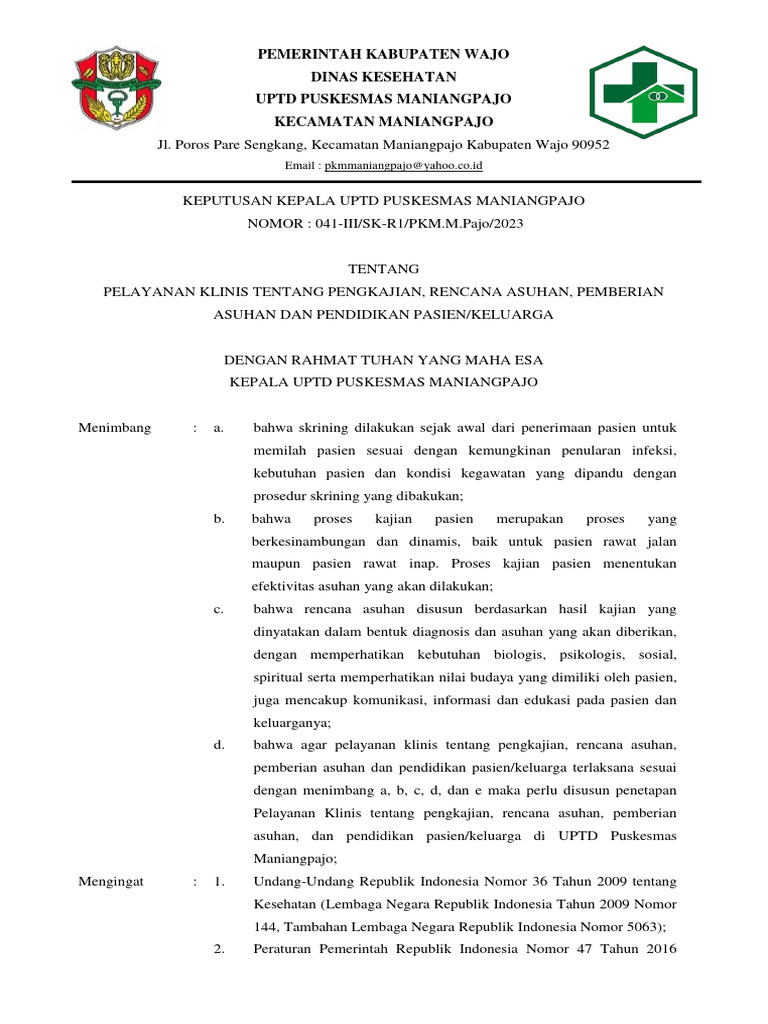 SK Pelayanan Klinis Tentang Pengkajian, Pemberian Asuhan, Dan Pendidikan Pasien | PDF