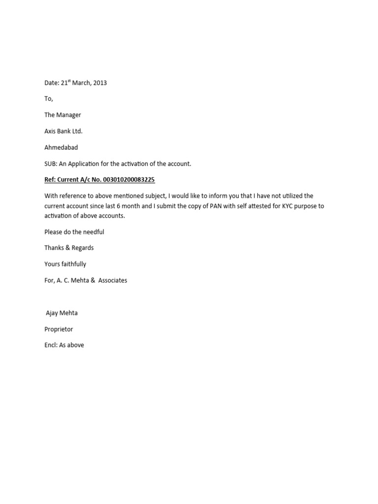 Activation Letter To Axis Bank | PDF