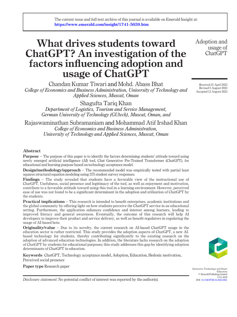 Factors Influencing ChatGPT Adoption in Education | PDF | Attitude (Psychology) | Artificial ...