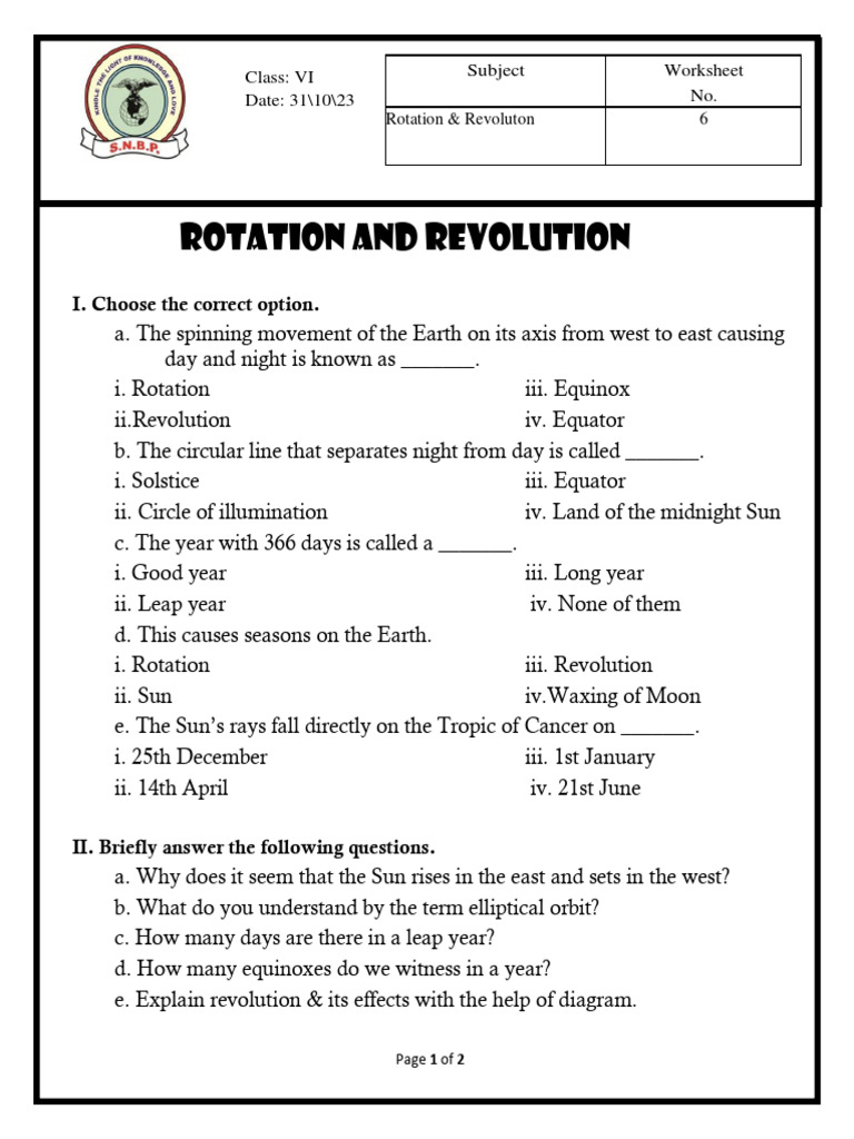 Rotation and Revolution: I. Choose The Correct Option | PDF | Equator ...
