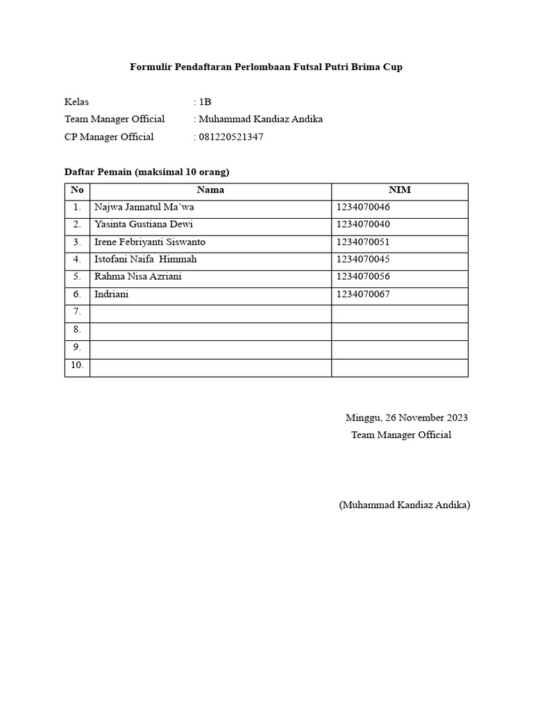 Formulir Pendaftaran Futsal 1B Putri | PDF