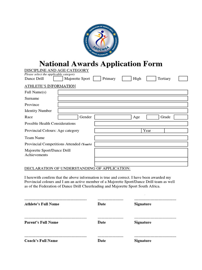 FDDCMSA Athlete National Awards Application Form | PDF