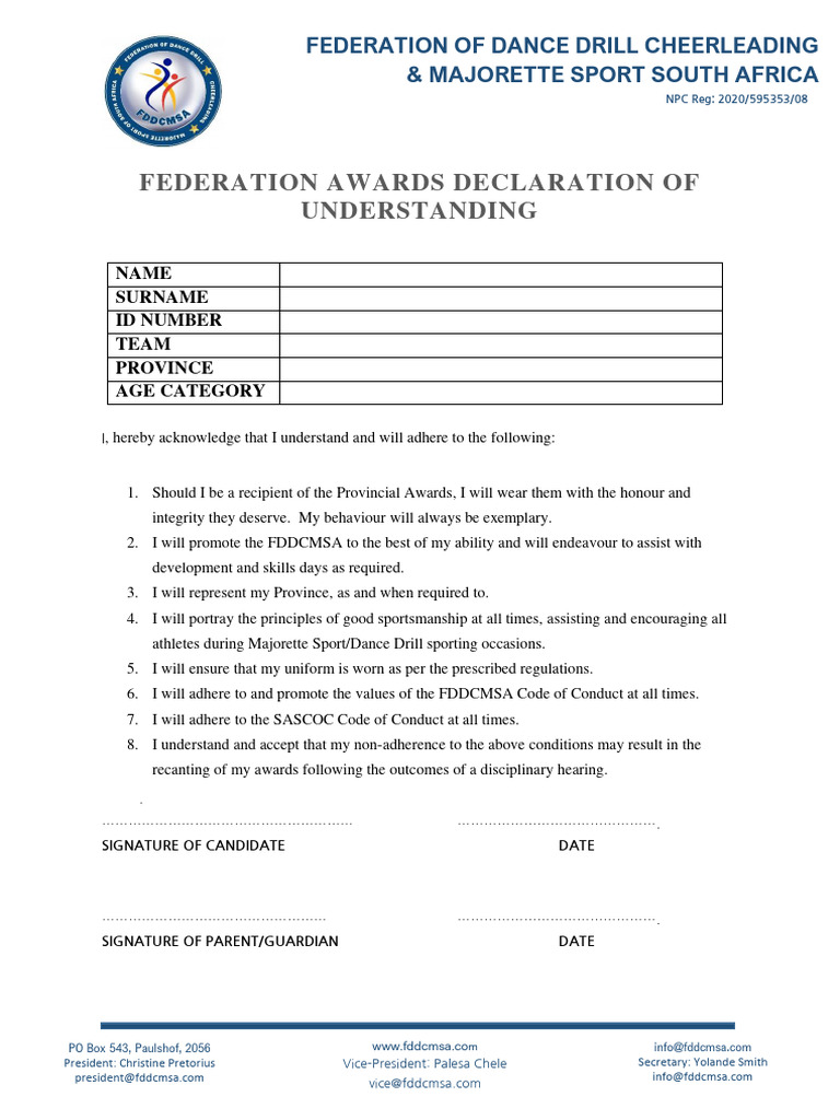 FDDCMSA National Awards Declaration of Understanding | PDF